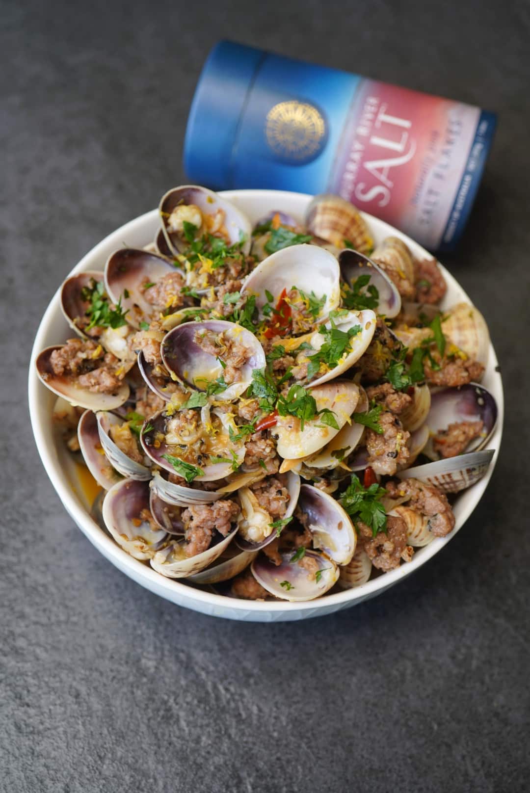 Clams with Crispy Pork & Fennel Sausage - Murray River Salt